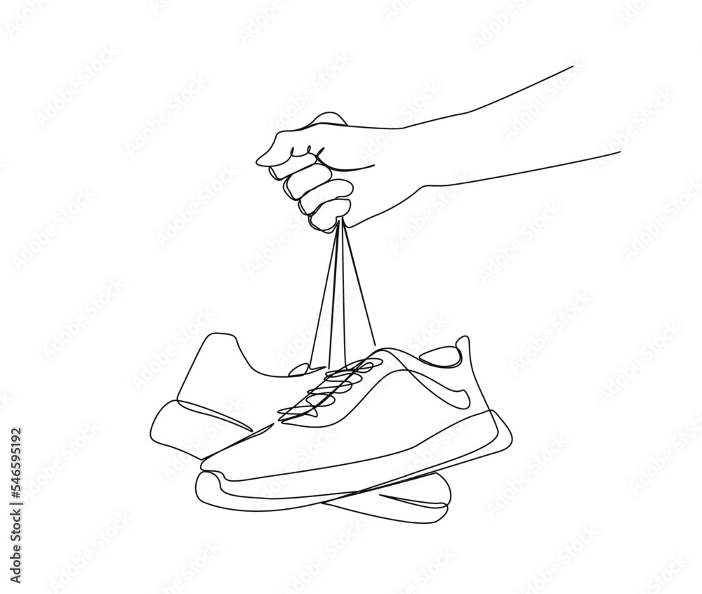 Continuous one line drawing of hand holding sneakers. Fashionable and ...
