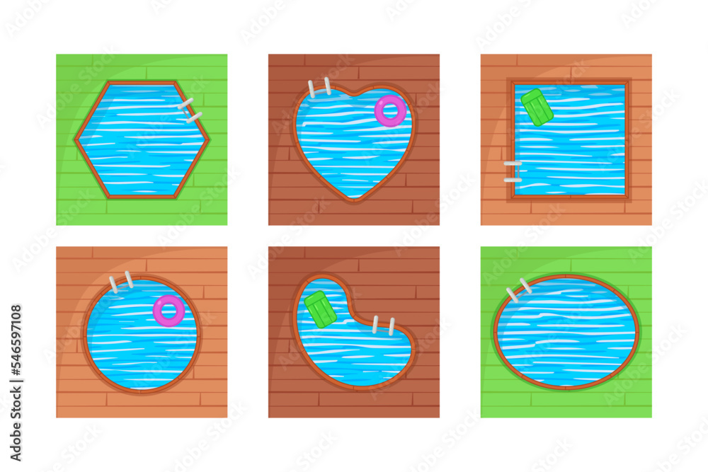 Swimming pool set, top view. Vector illustrations of map square frames ...