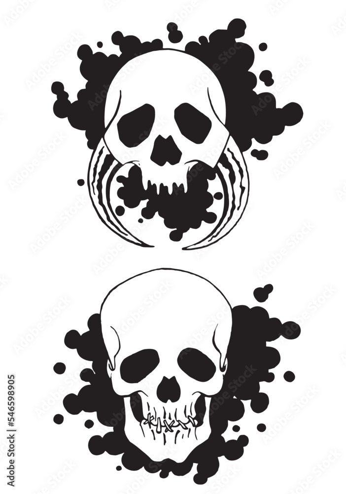 Graphical set of human skulls isolated on white, vector spooky element ...