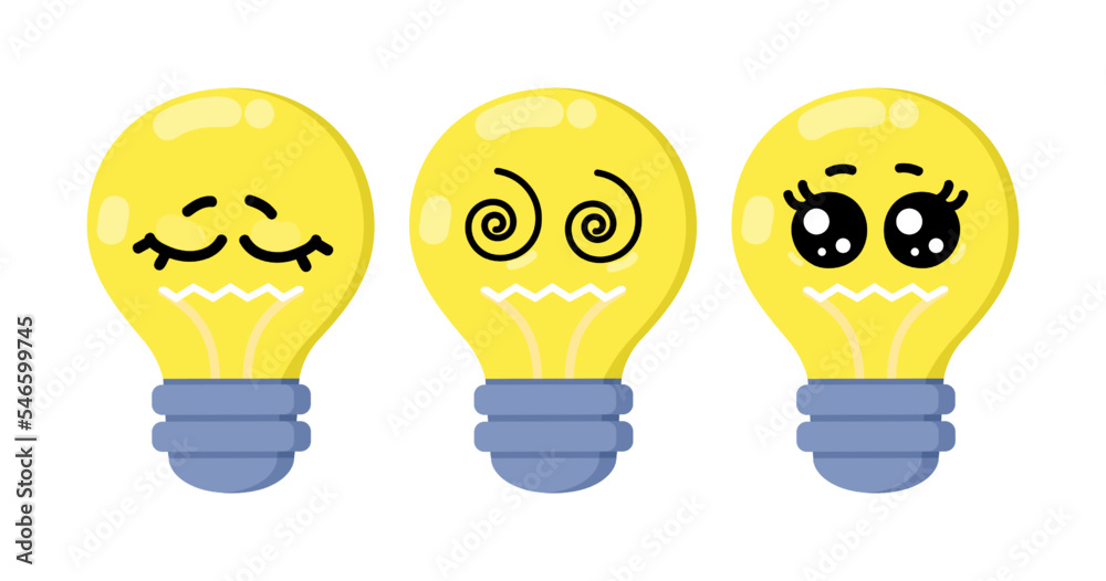 Light bulbs with cute faces vector set. Cartoon illustrations of light ...