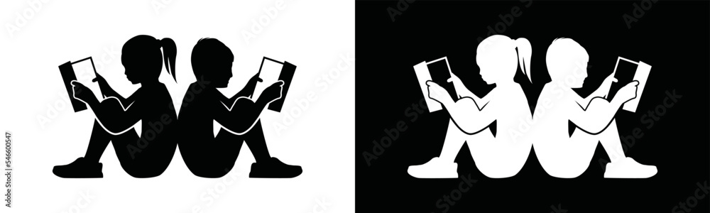 Children reading book logo design vector illustration. Little girl and ...