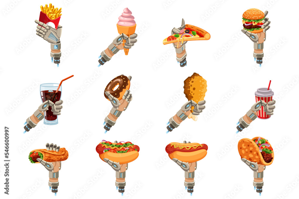 Robot hands holding fast food set. Vector illustrations of cyborg ...