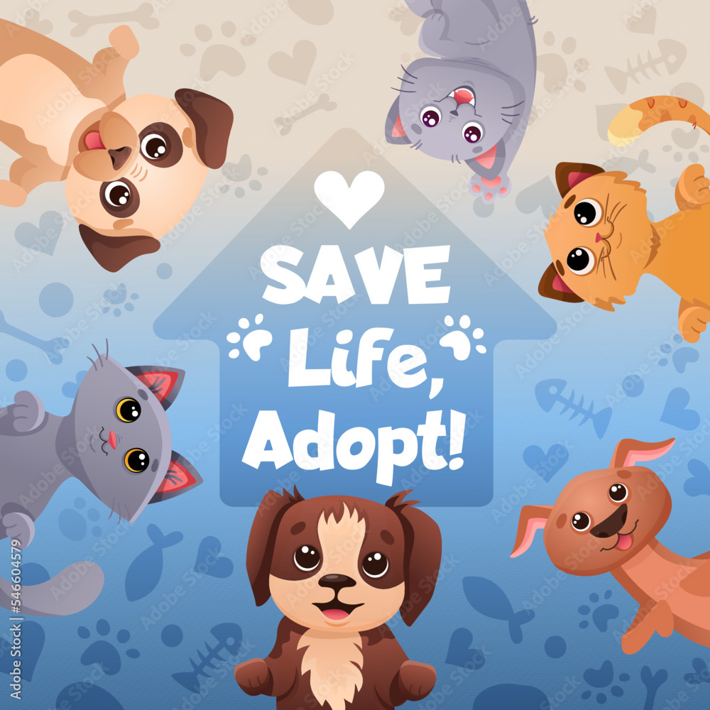 Social media post design with pet adoption promotion. Save life, adopt ...