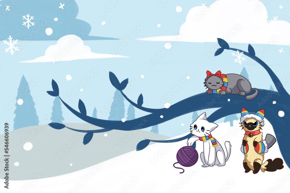 Lovely, cute Landscape snowing on the hill and pine tree with cats play ...