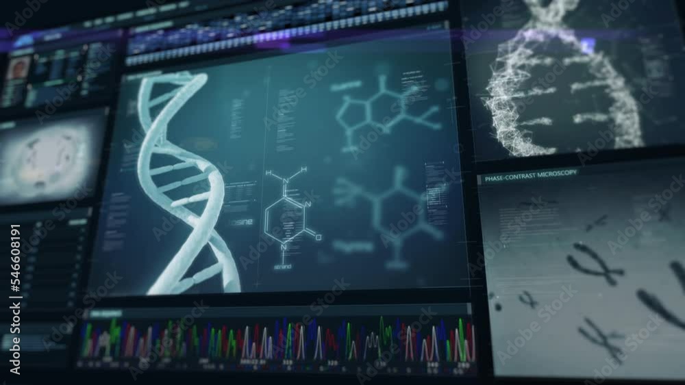 Computer User Interface shows DNA Strand Analysis. Medical profile of ...