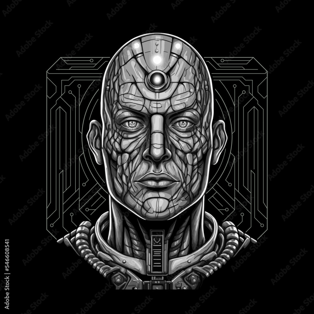 cyborg man head in greyscale color, humanoid, cyber human face ...