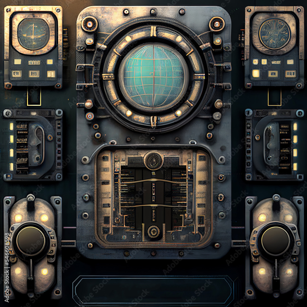 Retro device dials and gauges in a cockpit control panel of a spaceship ...