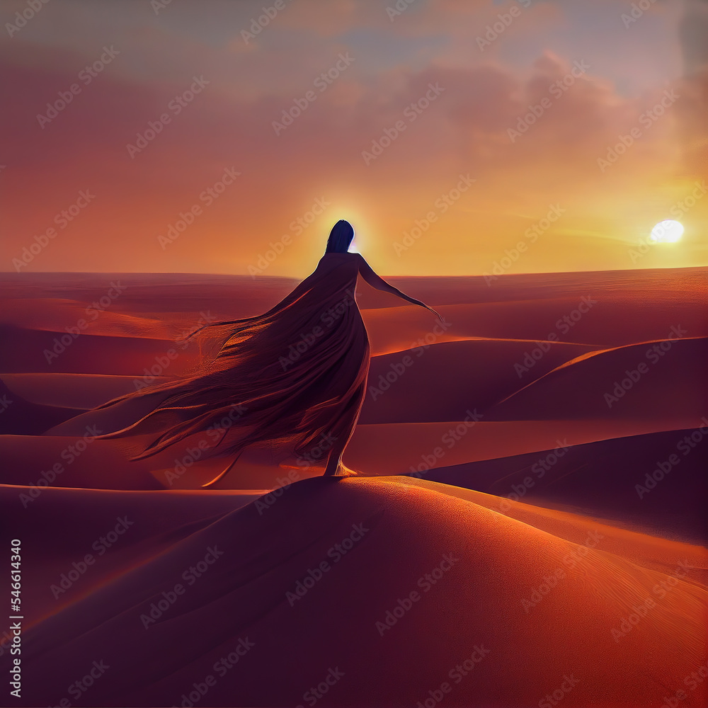 woman with long hair from back at Sahara desert with layers of sand ...