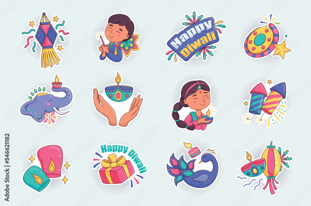 Diwali Hindu festival cute stickers set in flat cartoon design ...