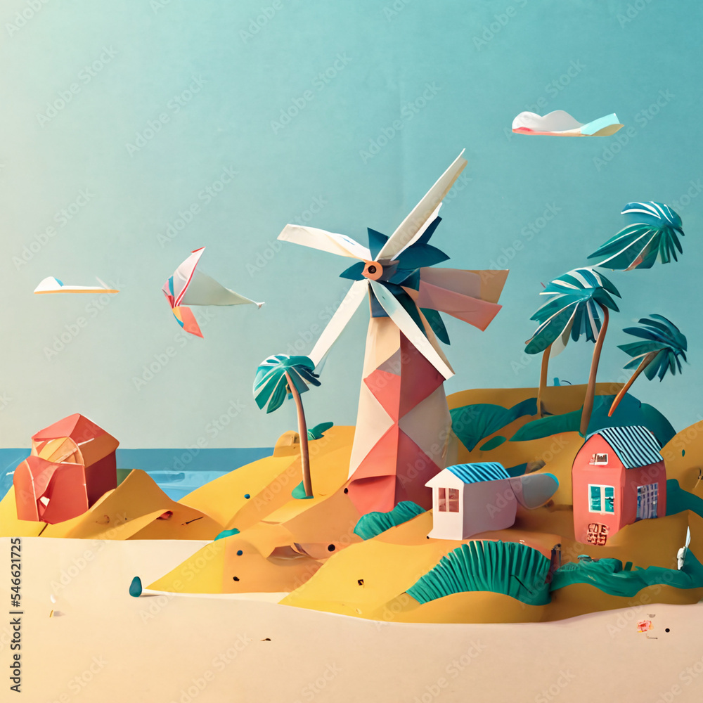 beach with trees, papercraft, gen art Stock Illustration | Adobe Stock