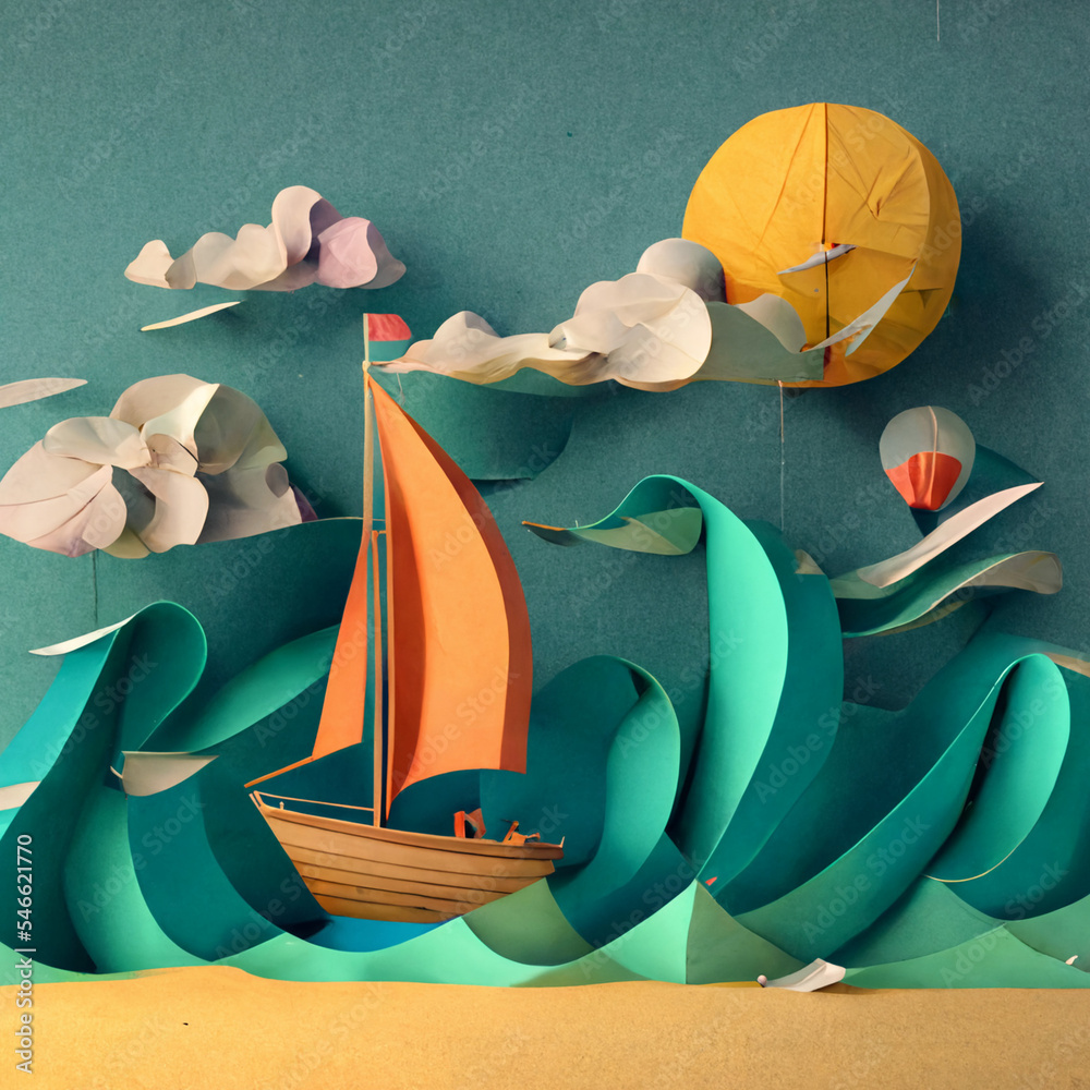 boat on the sea, papercraft, gen art Stock Illustration | Adobe Stock