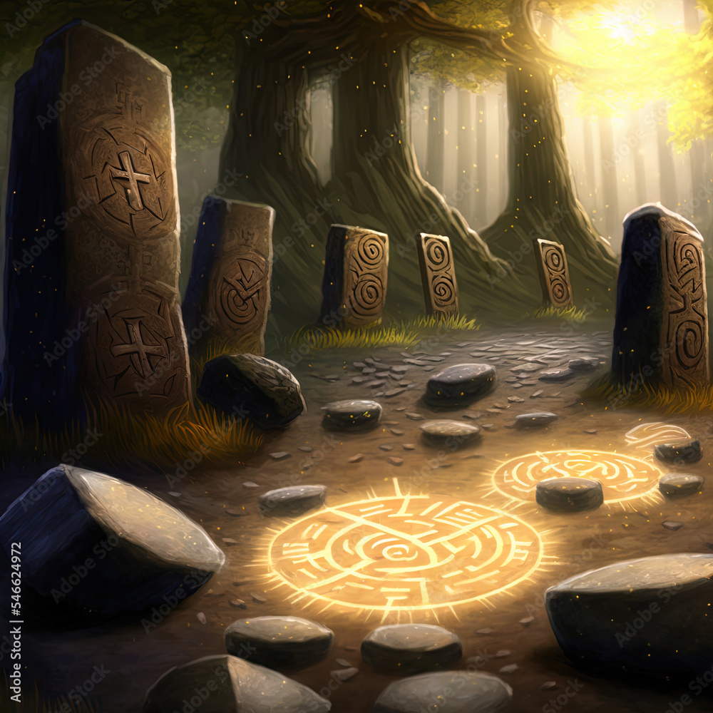 Mysterious runes carved into a forest. Stock Illustration | Adobe Stock