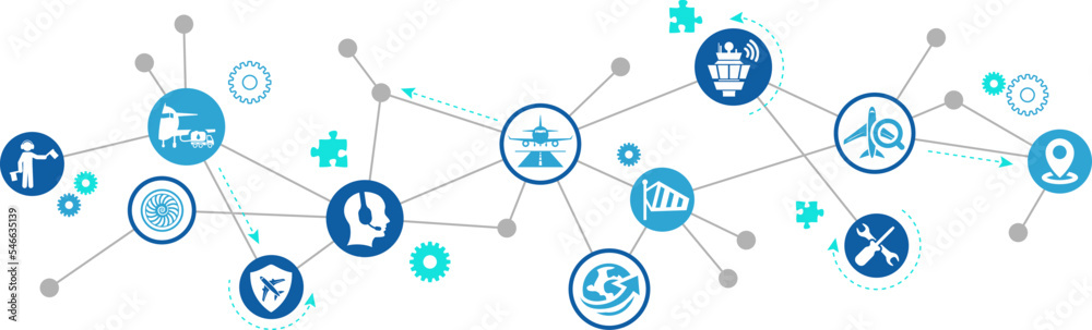 Aviation vector illustration. Blue concept with icons related to ...