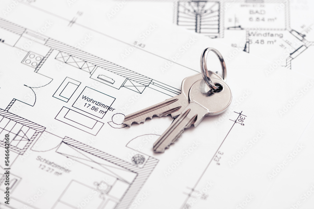 key and architectural blueprint map or drawing of house or future home ...