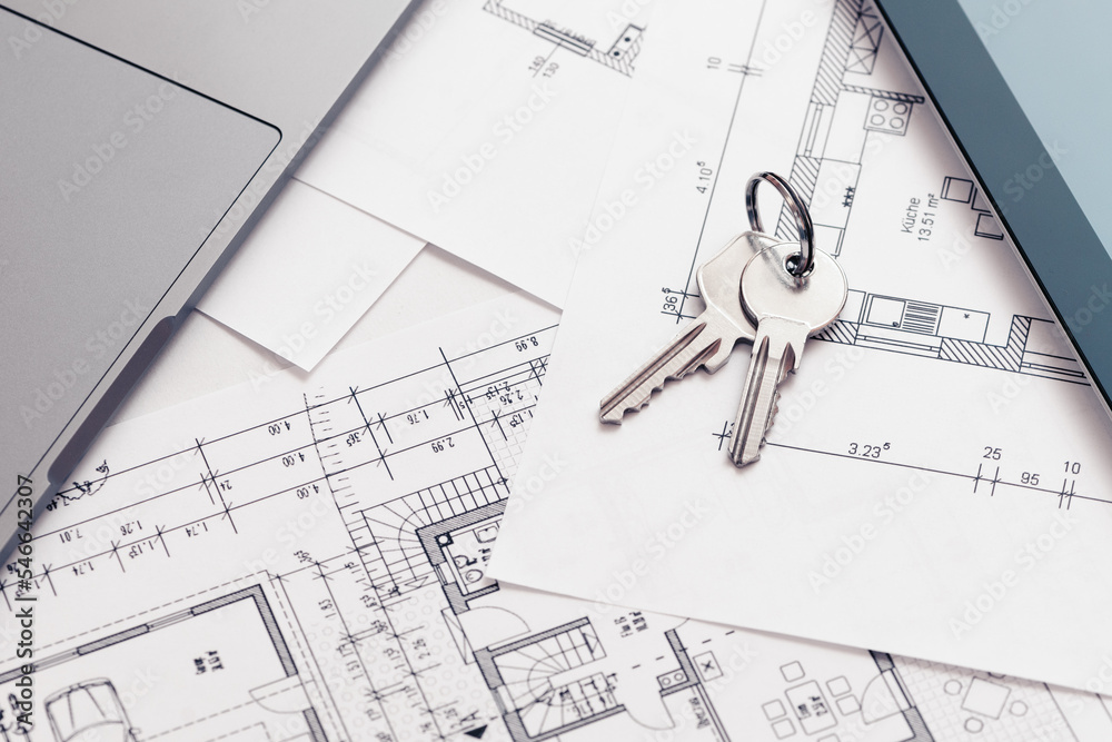 key and architectural blueprint map or drawing of house or future home ...