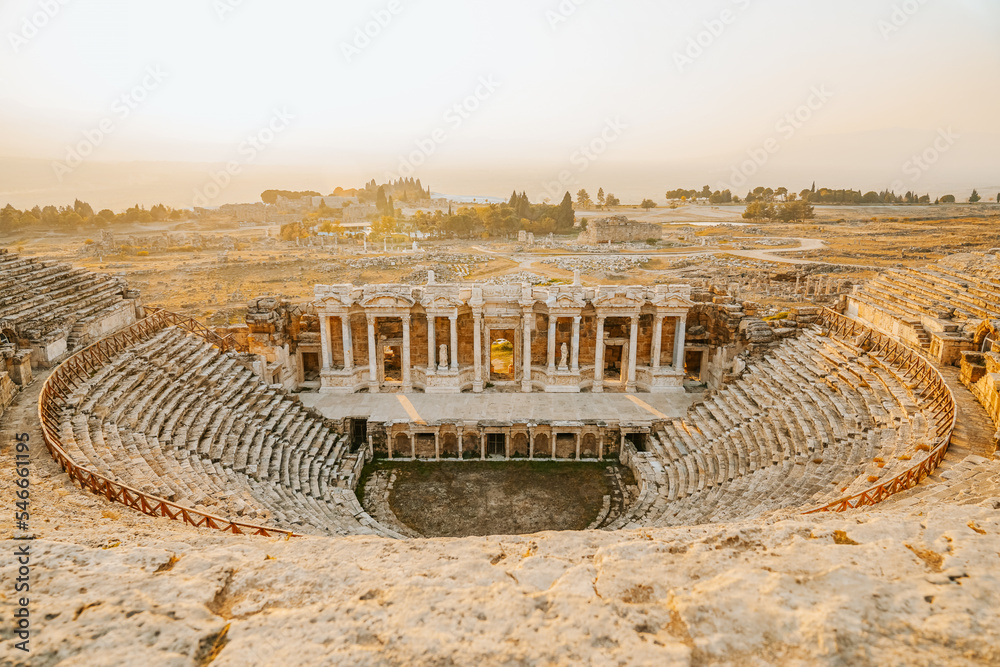 Amphitheater in Hierapolis ancient city in Pamukkale Turkey banner sunset. Turkey, a gateway ...