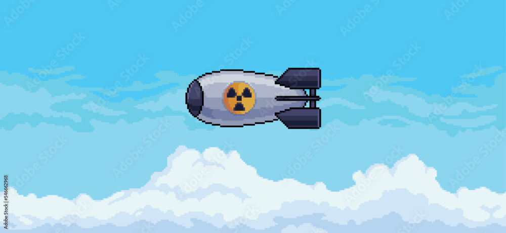 Pixel art atomic bomb falling from blue sky with clouds vector ...