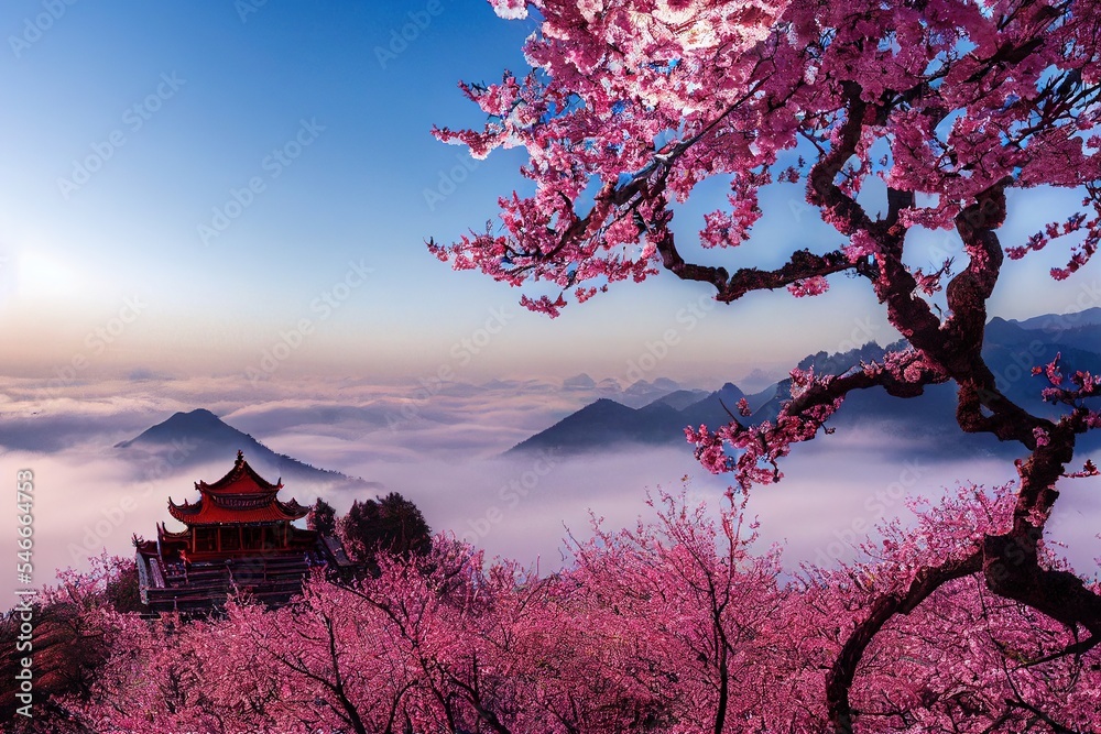 Sakura trees with a chinese temple and foggy mountains in the distance ...