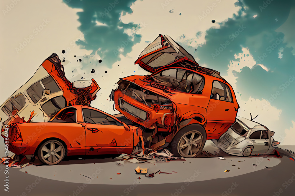 Digital cartoon illustration of scary car crash on the road. Red ...