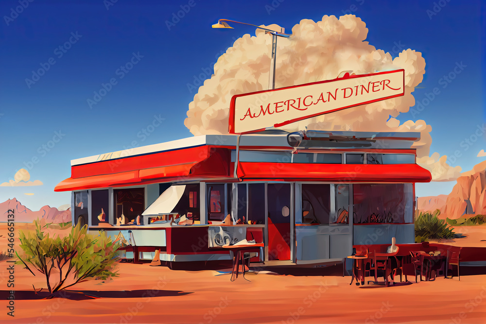 A classic American diner restaurant in the middle of a desert. Red ...