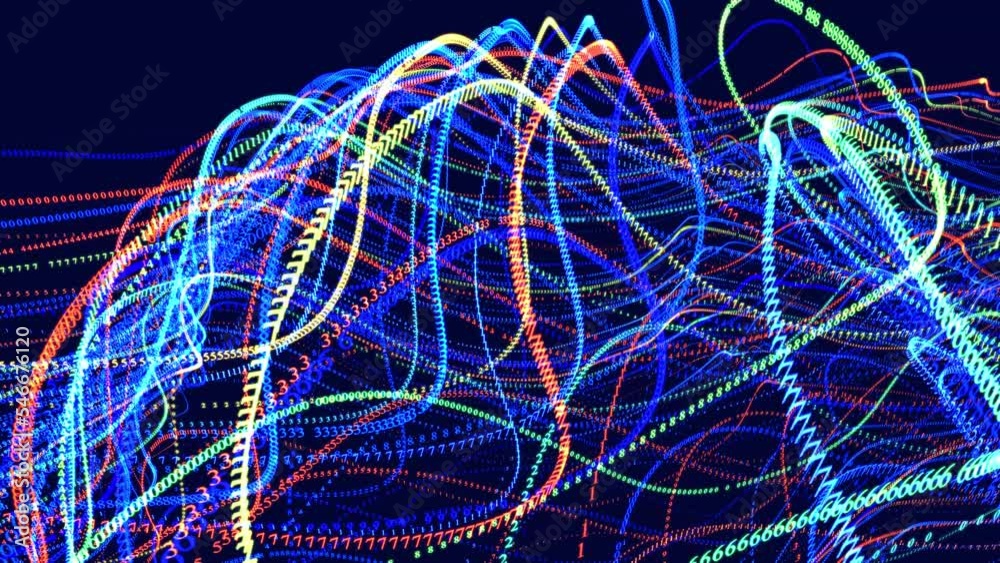 digital waves. Vj loop hologram abstract bg. Symbols form lines, grid, strings. Information ...