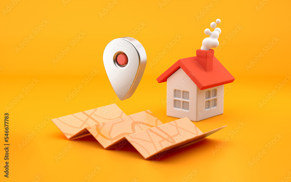 Small house with locator pin icon on a map real estate sale or property ...