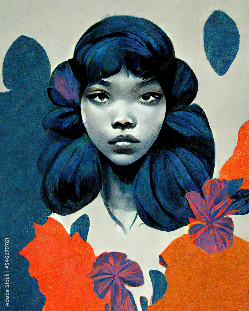 Beautiful woman's face, black African American woman, painted in a ...