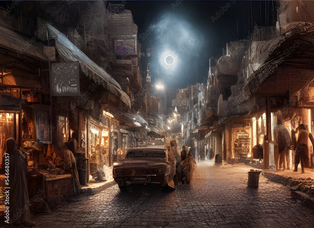 illustration busy street inside a ancient mesopotamian village, night ...
