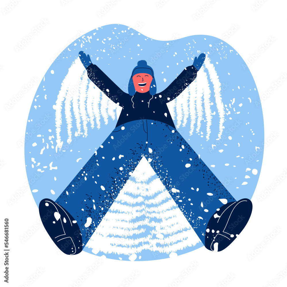 Making a snow angel lying on the snow. Happy kid playing in nature in ...