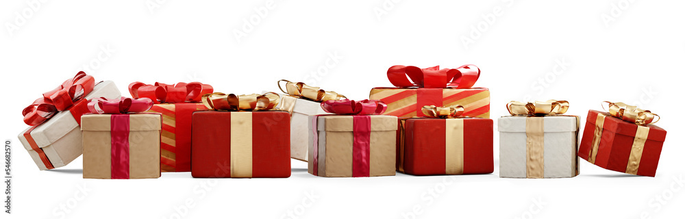 festive christmas gifts, presents boxes in a row 3d-illustration Stock ...