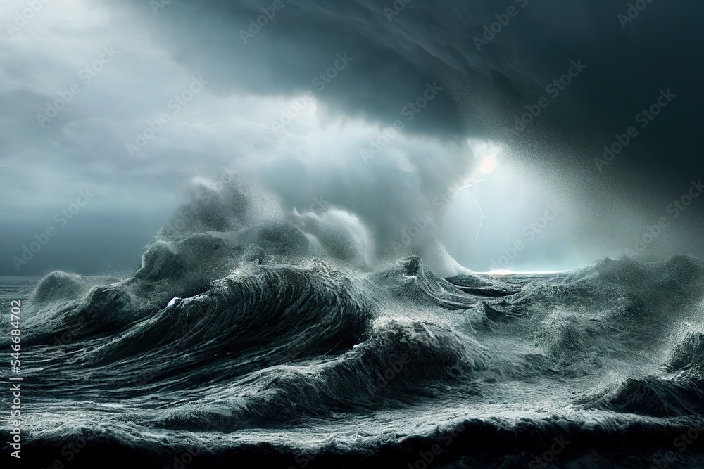 Apocalyptic dramatic background, giant tsunami waves, dark stormy sky ...