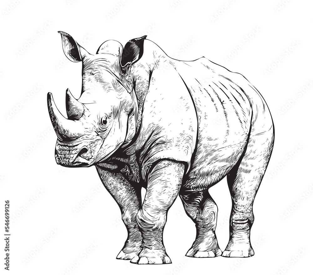 Rhino standing hand drawn engraving style sketch Vector illustration ...