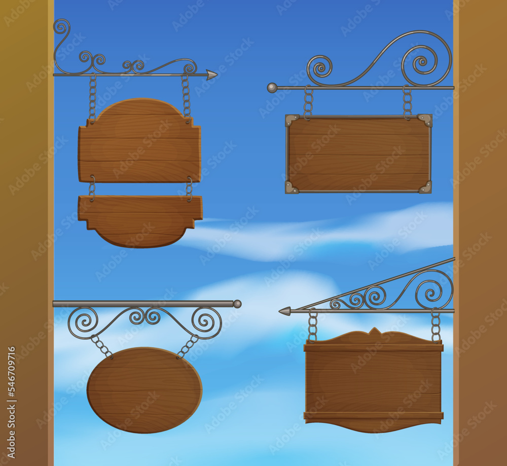 Set of dark wooden signs mounted to the wall cartoon vector ...
