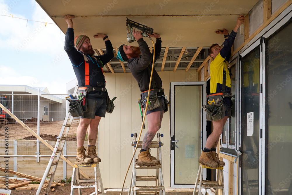 Tradies working as team to secure cladding board to roof Stock Photo ...