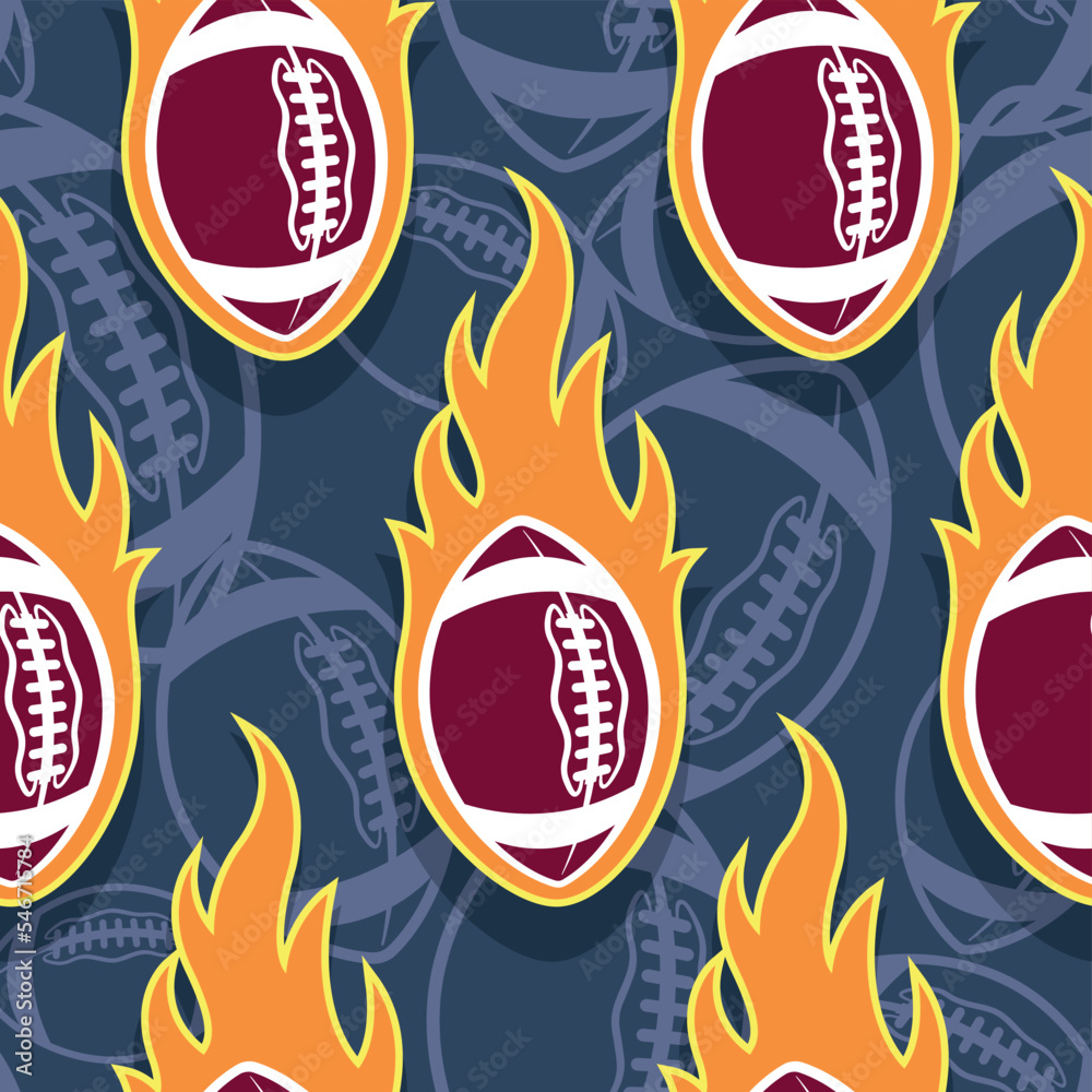Rugby balls and fire flame seamless pattern vector art image. Flaming ...
