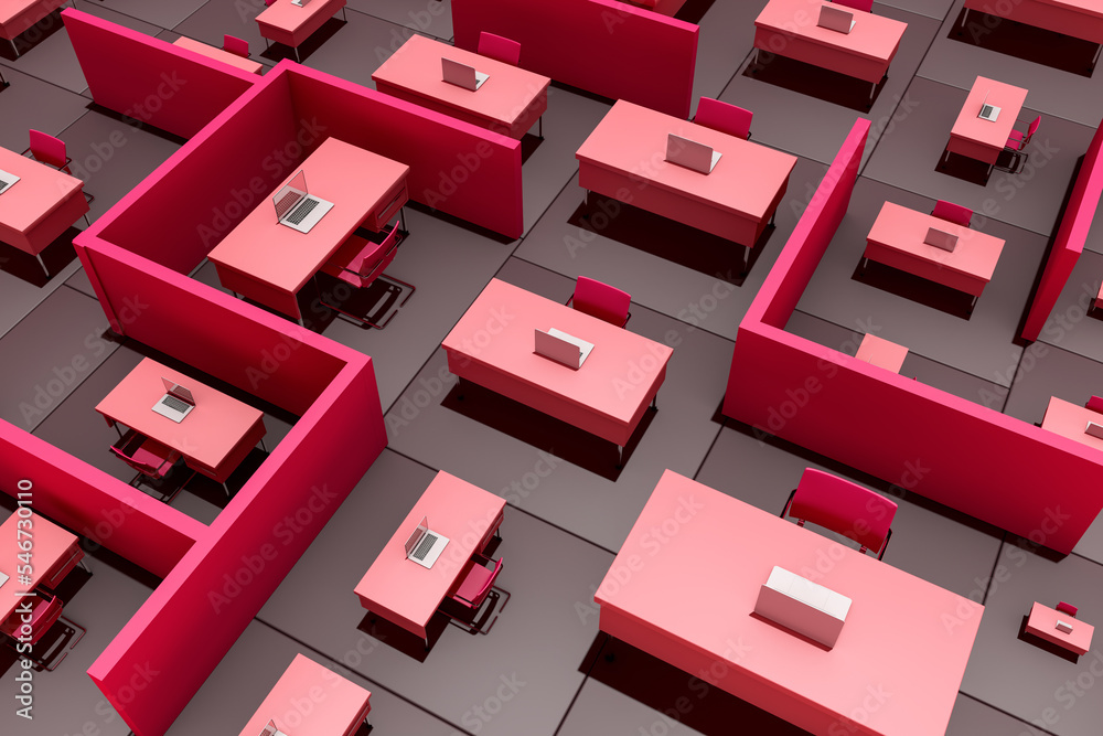 Cubicles with pink work desks Stock Photo | Adobe Stock