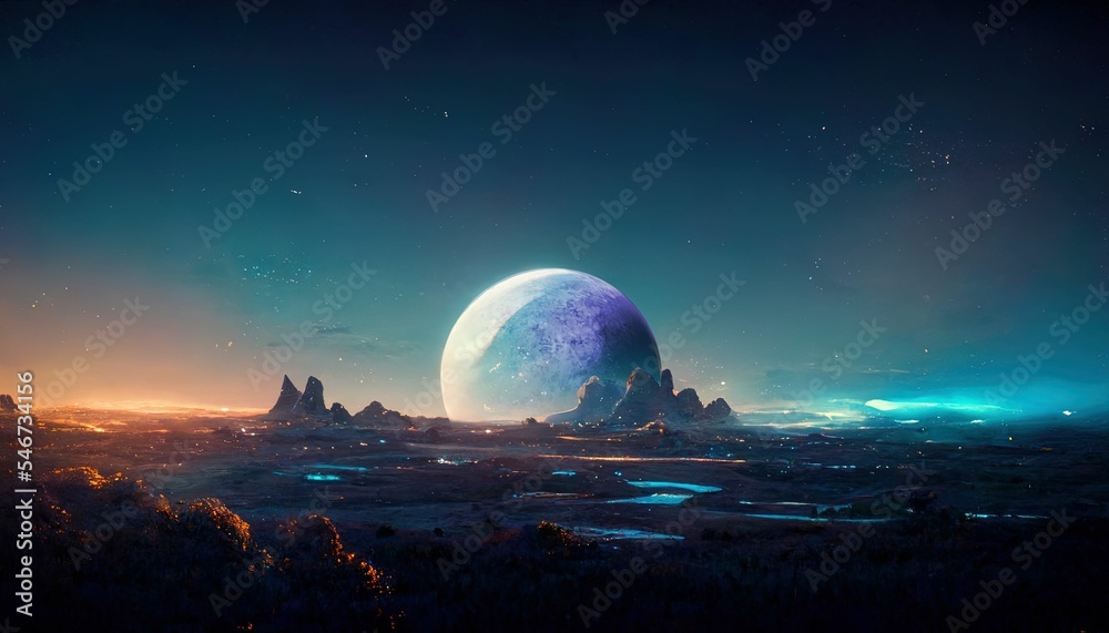 Alien planet with frozen ice rocks under the night sky with glowing and ...