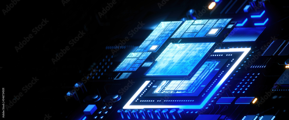 3D rendering of cyberpunk AI. Circuit board. Technology background ...