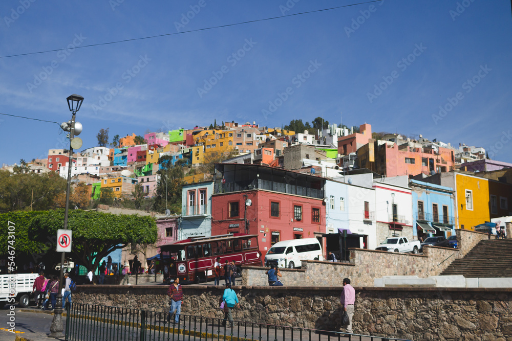 Streets and colonial style facades of the city of Guanajuato, in México ...