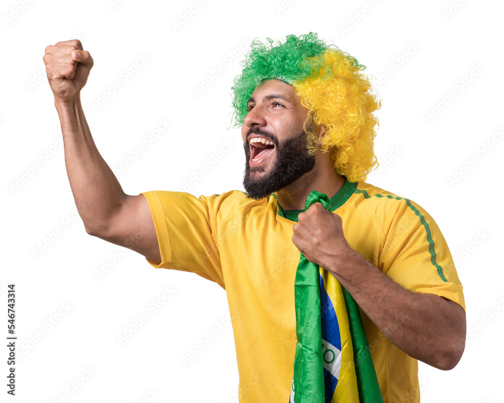torcedor brasileiro com peruca torcendo feliz com bandeira do brasil ...