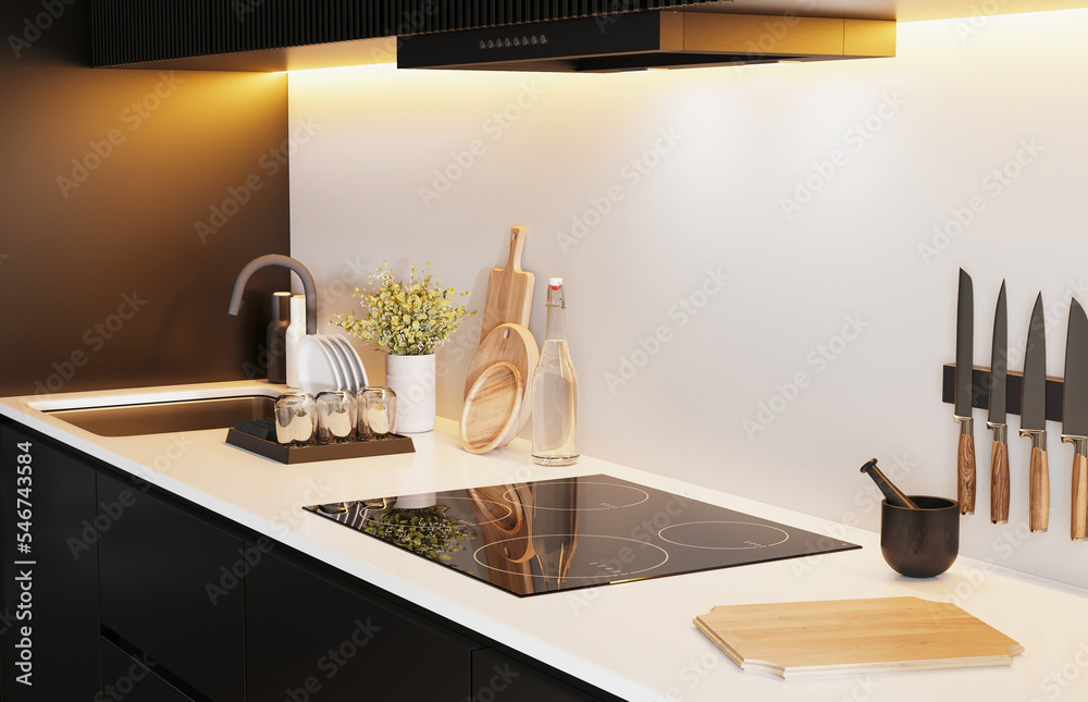 Kitchen countertop and cabinets with cove light, cooking utilities ...