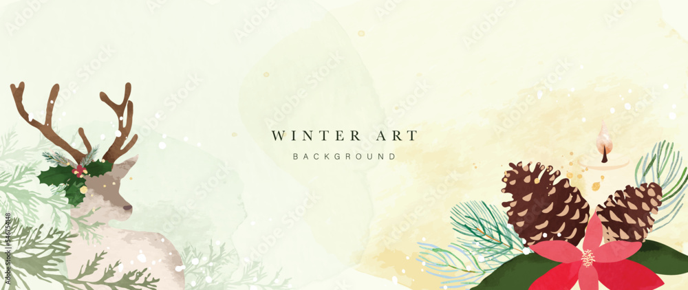 Christmas and watercolor winter botanical leaves background vector ...