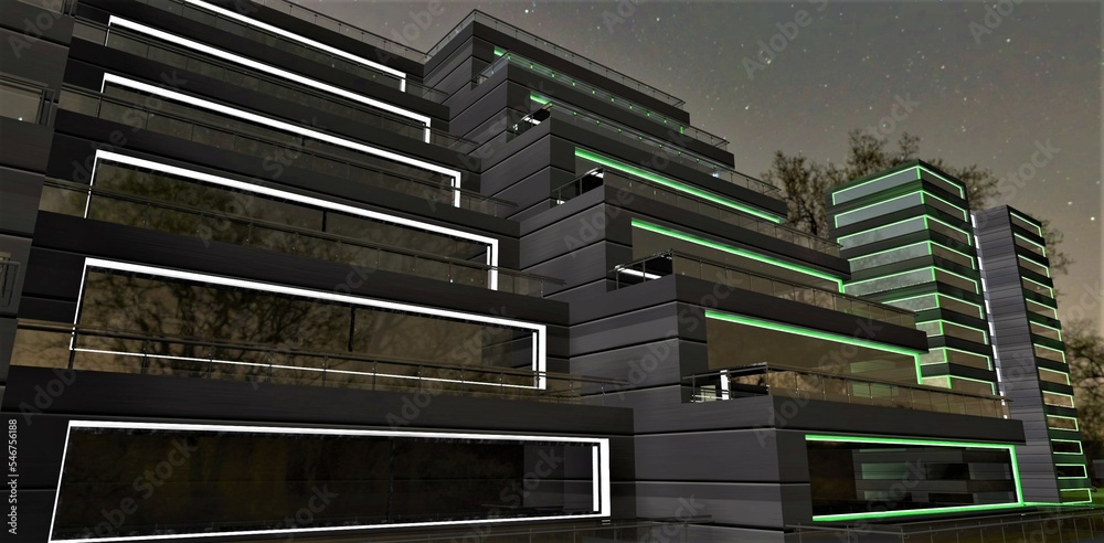 LED illumination of the exterior of low-rise buildings in the evening ...