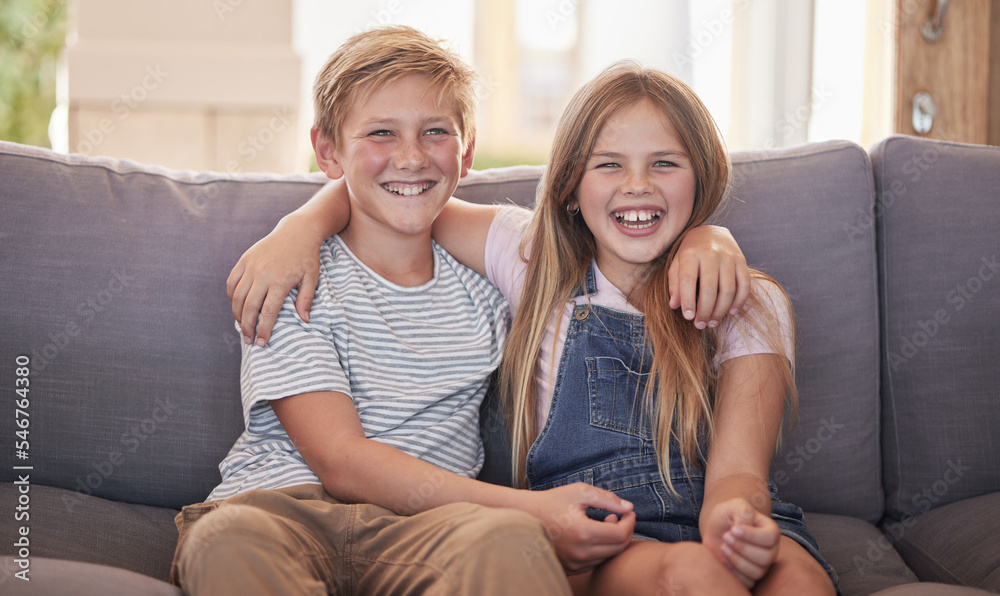 Family, children and sister and brother relax on a sofa, happy and ...