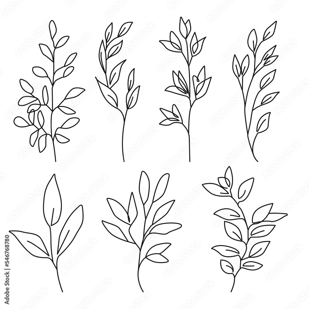 Continuous One Line Leaves Branch Set. Abstract Line Art of Flower with ...