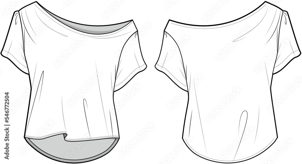 One Shoulder Drop Short Sleeve Back Long Hem Top Front and Back View ...