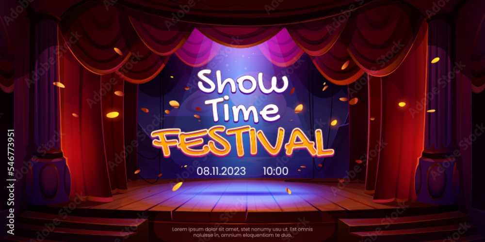 Show time festival poster with theater stage and falling gold confetti ...