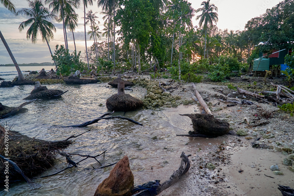 Storm surge damage, eroded beach, Pacific islands village house Stock ...