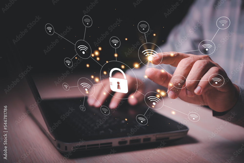 hand touching button on virtual screen to unlock multiple wifi security ...