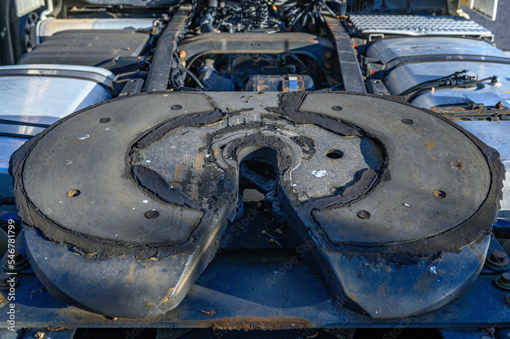 close-up of the support or hitch point of a truck trailer on the back ...